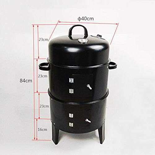 无 3 in 1 Round Charcoal BBQ Grill & Smoker, with Thermometer and Air Vent, Outdoor Grilling and Cooking, 84 x 40cm- Black