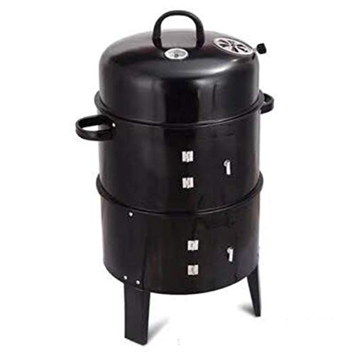 无 3 in 1 Round Charcoal BBQ Grill & Smoker, with Thermometer and Air Vent, Outdoor Grilling and Cooking, 84 x 40cm- Black