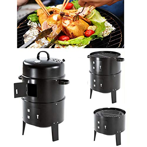 无 3 in 1 Round Charcoal BBQ Grill & Smoker, with Thermometer and Air Vent, Outdoor Grilling and Cooking, 84 x 40cm- Black