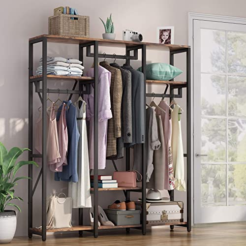 Tribesigns FreeStanding Closet Organizer, Industrial 3 Rod Garment Rack with 4-Tier Sttorage Shelf, Rustic Wardrobe Rack Clothes Rack with Shoe Shelves for Hanging Clothes and Storage (Brown)