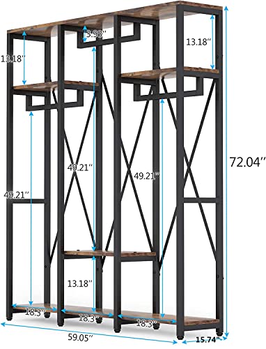 Tribesigns FreeStanding Closet Organizer, Industrial 3 Rod Garment Rack with 4-Tier Sttorage Shelf, Rustic Wardrobe Rack Clothes Rack with Shoe Shelves for Hanging Clothes and Storage (Brown)