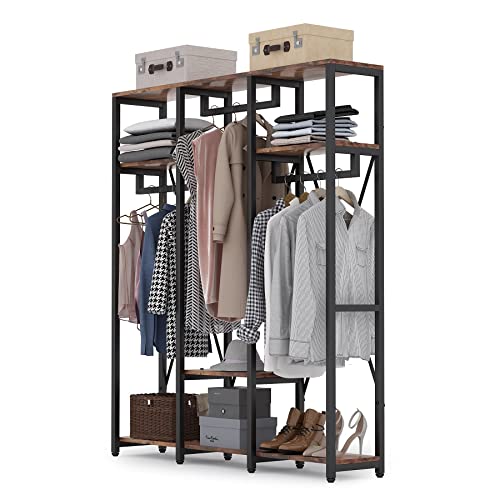 Tribesigns FreeStanding Closet Organizer, Industrial 3 Rod Garment Rack with 4-Tier Sttorage Shelf, Rustic Wardrobe Rack Clothes Rack with Shoe Shelves for Hanging Clothes and Storage (Brown)