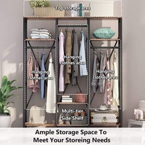 Tribesigns FreeStanding Closet Organizer, Industrial 3 Rod Garment Rack with 4-Tier Sttorage Shelf, Rustic Wardrobe Rack Clothes Rack with Shoe Shelves for Hanging Clothes and Storage (Brown)