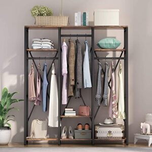 Tribesigns FreeStanding Closet Organizer, Industrial 3 Rod Garment Rack with 4-Tier Sttorage Shelf, Rustic Wardrobe Rack Clothes Rack with Shoe Shelves for Hanging Clothes and Storage (Brown)