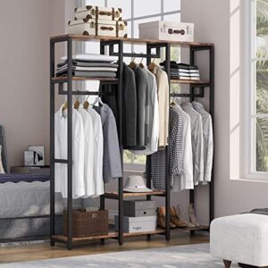 Tribesigns FreeStanding Closet Organizer, Industrial 3 Rod Garment Rack with 4-Tier Sttorage Shelf, Rustic Wardrobe Rack Clothes Rack with Shoe Shelves for Hanging Clothes and Storage (Brown)