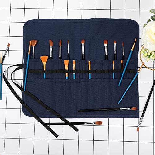 Denifiter Artist Paint Brushes Organize Pouch, 16 OZ Waxed Cotton Canvas Pencil Case (Blue)