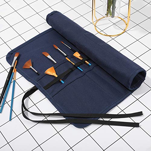 Denifiter Artist Paint Brushes Organize Pouch, 16 OZ Waxed Cotton Canvas Pencil Case (Blue)