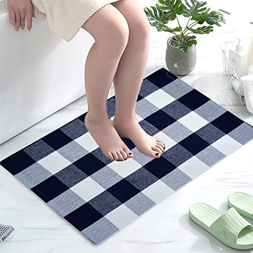 USTIDE Buffalo Plaid Check Rug Navy Blue and White Cotton Rugs 23.6"x35.4"Washable Hand Woven Outdoor Rugs Layered Doormats for Porch Kitchen Farmhouse