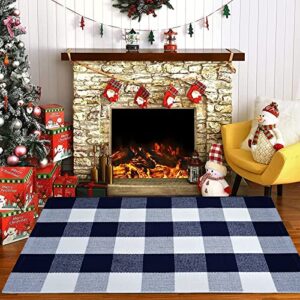 USTIDE Buffalo Plaid Check Rug Navy Blue and White Cotton Rugs 23.6"x35.4"Washable Hand Woven Outdoor Rugs Layered Doormats for Porch Kitchen Farmhouse