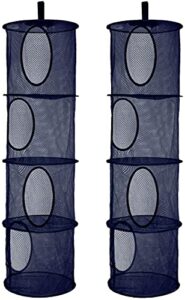 2pcs foldable hanging storage mesh space saver bags organizer,foldable suspension storage 4 compartments toy storage organizer for kid room toys, gloves,hats,socks storage 43.5"x 12" dark blue