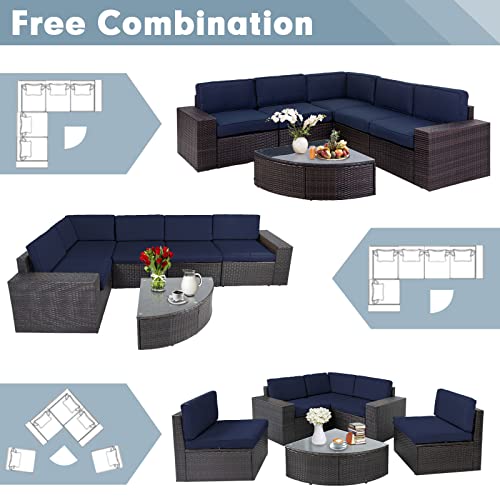 Oakmont Outdoor Patio 6-Piece Furniture Set Durable Frame Premium Rattan Wicker Sectional Sofa with Sector Glass Top Table Thick Dark Blue Cushions, for Backyard