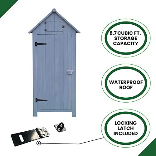 Outdoor Wooden Storage Shed with Pitched Roof, 3 Shelves and Locking Latch in Gray 2.5 Ft. W x 1.7 Ft. D x 5.8 Ft. H