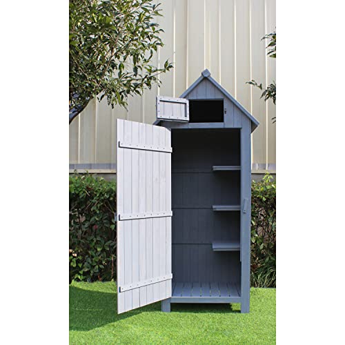 Outdoor Wooden Storage Shed with Pitched Roof, 3 Shelves and Locking Latch in Gray 2.5 Ft. W x 1.7 Ft. D x 5.8 Ft. H