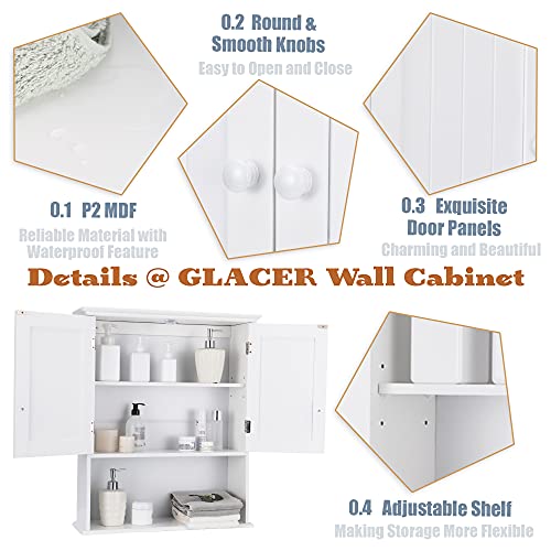 GLACER Wall Mounted Storage Cabinet, Bathroom Medicine Cabinet with Adjustable Shelf and Double Doors, Wall Cabinet for Bathroom, Living Room, Kitchen or Entryway, 23.5 x 8 x 28 inches (White)