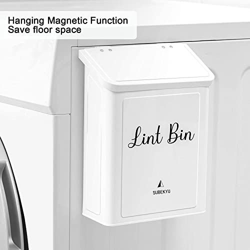 SUBEKYU Metal Magnetic Lint Bin for Laundry Room, Wall Mounted Lint Box Holder Trash Can with Lid for Dryer,Lint Basket for Laundry Room,White