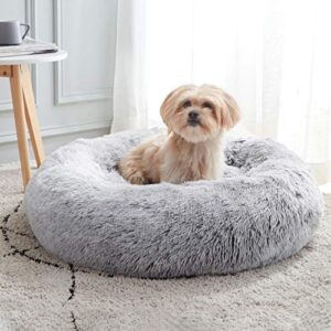 calming dog bed & cat bed, anti-anxiety donut dog cuddler bed, warming cozy soft dog round bed, fluffy faux fur plush dog cat cushion bed for small medium dogs and cats (20"/24"/27"/30")