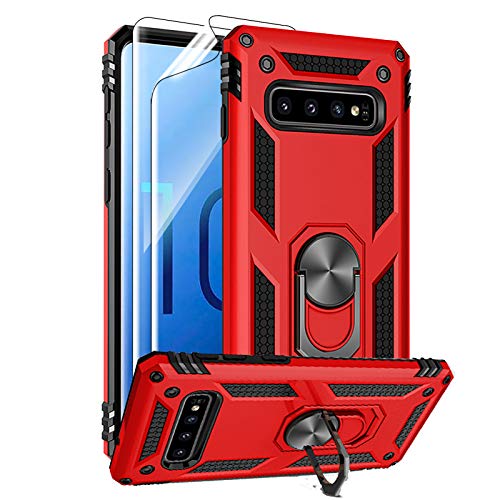 Samsung Galaxy S10 Plus Case with HD Screen Protectors, Androgate Military-Grade Metal Ring Holder Kickstand 15ft Drop Tested Shockproof Cover Case for Samsung Galaxy S10+ (2019) Red