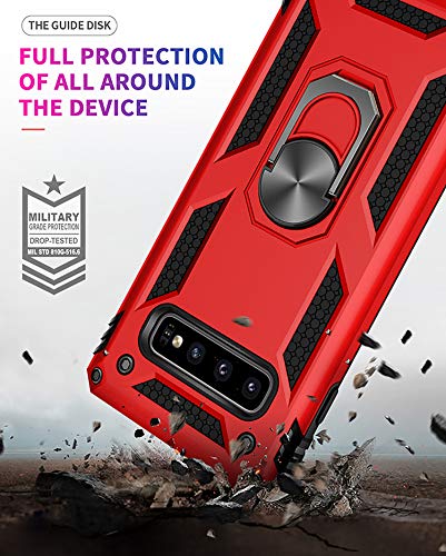 Samsung Galaxy S10 Plus Case with HD Screen Protectors, Androgate Military-Grade Metal Ring Holder Kickstand 15ft Drop Tested Shockproof Cover Case for Samsung Galaxy S10+ (2019) Red