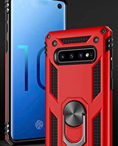 Samsung Galaxy S10 Plus Case with HD Screen Protectors, Androgate Military-Grade Metal Ring Holder Kickstand 15ft Drop Tested Shockproof Cover Case for Samsung Galaxy S10+ (2019) Red