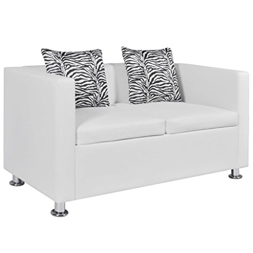 EstaHome 2-Seater Sofa | Modern 2-Seat Sofa Couch with Metal Legs | Faux Leather Living Room Sofa with 2 Pillows | White Artificial Leather 47.2" x 24.6" x 24.8"