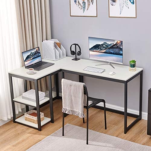 SINPAID Computer Desk 40 inch Desk with 2-Tier Shelves Sturdy White Desk, Small Desk with Large Storage Space Home Office Desks, Gaming Desk Study Writing Laptop Table for Bedrooms (White)