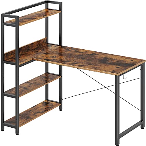 Rolanstar Computer Desk with Storage Shelves 47", Home Office Desk with 4-Tier Reversible Bookshelf, Rustic Writing Table Workstation, Study Corner Desk for Small Space, Rustic Brown