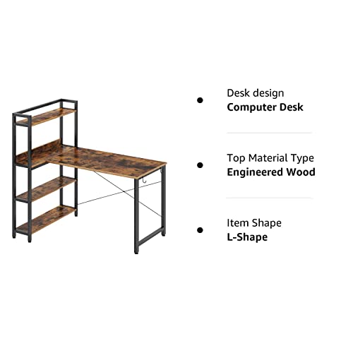 Rolanstar Computer Desk with Storage Shelves 47", Home Office Desk with 4-Tier Reversible Bookshelf, Rustic Writing Table Workstation, Study Corner Desk for Small Space, Rustic Brown