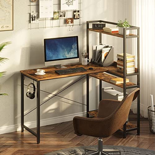 Rolanstar Computer Desk with Storage Shelves 47", Home Office Desk with 4-Tier Reversible Bookshelf, Rustic Writing Table Workstation, Study Corner Desk for Small Space, Rustic Brown