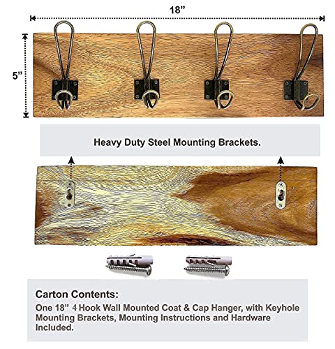 WRIGHTMART Handmade Acacia Hardwood Coat Rack with 4 Hooks, Durable Rustic Wall Mount, Versatile Hanger for Entryway, Bedroom, Bathroom, Farmhouse Boho Decor, 18" Natural Finish