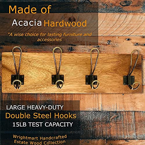 WRIGHTMART Handmade Acacia Hardwood Coat Rack with 4 Hooks, Durable Rustic Wall Mount, Versatile Hanger for Entryway, Bedroom, Bathroom, Farmhouse Boho Decor, 18" Natural Finish