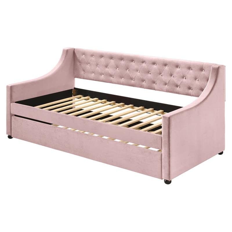 Acme Furniture Twin Fully Upholstered Daybed with Trundle and Button-Tufted Back Panel, Pink Velvet