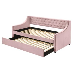 Acme Furniture Twin Fully Upholstered Daybed with Trundle and Button-Tufted Back Panel, Pink Velvet