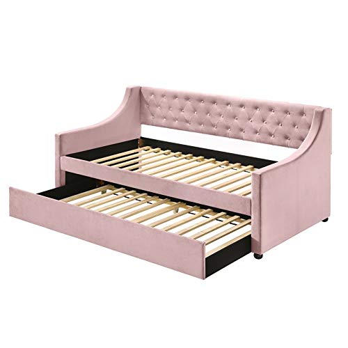 Acme Furniture Twin Fully Upholstered Daybed with Trundle and Button-Tufted Back Panel, Pink Velvet