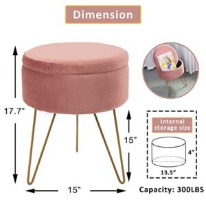 Glzifom Velvet Round Storage Ottomans Dressing Chair Modern Vanity Seat Makeup Stool with Gold Metal Legs for Home Bedroom Coffee Table Living Room (Pink)