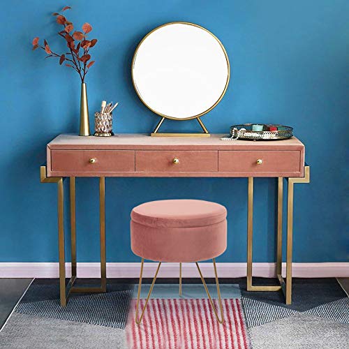 Glzifom Velvet Round Storage Ottomans Dressing Chair Modern Vanity Seat Makeup Stool with Gold Metal Legs for Home Bedroom Coffee Table Living Room (Pink)