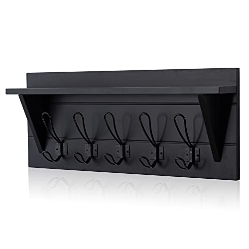 Zoopolyn Wall Shelf with Hooks Underneath 24’’ Long Wall Mounted Coat Rack with Shelf Coat Rack Wall Mount with Shelf Key Hooks for Wall Entryway Shelves for Wall 5 Triple Hooks Black