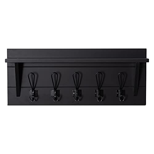 Zoopolyn Wall Shelf with Hooks Underneath 24’’ Long Wall Mounted Coat Rack with Shelf Coat Rack Wall Mount with Shelf Key Hooks for Wall Entryway Shelves for Wall 5 Triple Hooks Black