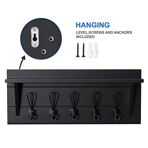 Zoopolyn Wall Shelf with Hooks Underneath 24’’ Long Wall Mounted Coat Rack with Shelf Coat Rack Wall Mount with Shelf Key Hooks for Wall Entryway Shelves for Wall 5 Triple Hooks Black