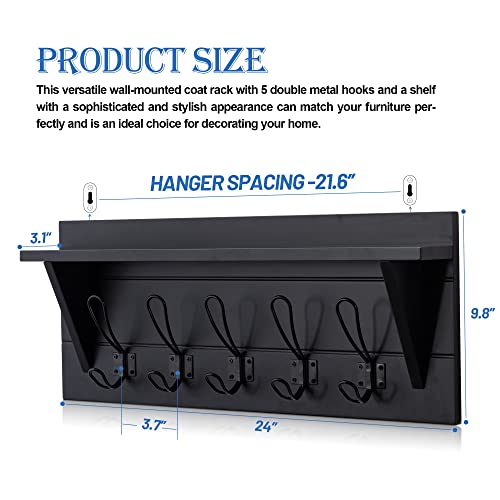 Zoopolyn Wall Shelf with Hooks Underneath 24’’ Long Wall Mounted Coat Rack with Shelf Coat Rack Wall Mount with Shelf Key Hooks for Wall Entryway Shelves for Wall 5 Triple Hooks Black