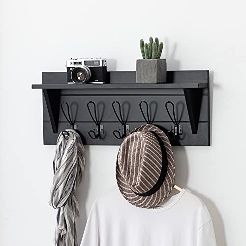 Zoopolyn Wall Shelf with Hooks Underneath 24’’ Long Wall Mounted Coat Rack with Shelf Coat Rack Wall Mount with Shelf Key Hooks for Wall Entryway Shelves for Wall 5 Triple Hooks Black