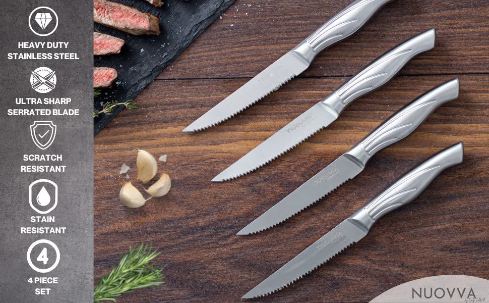 nuovva Kitchen Steak Knife Set - Steak Knives with Serrated Edge - Durable Stainless-Steel Steak Knives Set of 4 with Gift Box – Ergonomic Handle for Comfortable Grip