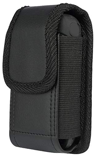 Case for Kyocera Flip Phone, Nakedcellphone Black Vegan Leather Vertical Pouch [with Belt Loop, Metal Clip, Magnetic Closure] for DuraXV Extreme E4810, DuraXV LTE E4610, DuraXE Epic E4830, DuraXTP