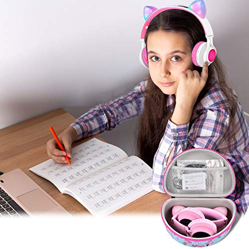 Headphone Case for Riwbox CT-7 Pink/for Jack CT-7S Cat Green 3.5mm/ for iClever IC-HS01/ for Mpow BH297B Wired/for Picun Bluetooth Wireless Over-Ear Headphones Headset for Kids-Box Only