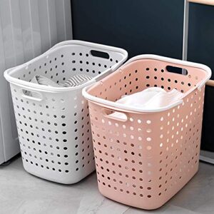 Large Breathable Hollow Laundry Hamper with Long Handles, 14.6 Inches Portable Plastic Clothes Hamper for Living Room Bathroom Laundry Storage (White, Round)