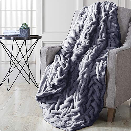 Modern Threads Luxury Solid Braided Faux Fur Reverse to Flannel Throw Blanket, Grey - 50" x 60"