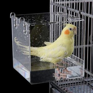 QX-Pet Supplies Cube Bird Bathtub Acrylic Bird Bath Shower Box Bowl with Stainless Steel Hooks No-Leakage Hanging in Cage for Little Bird Canary Budgerigar Parrots Crested Myna Cockatiel Lovebird