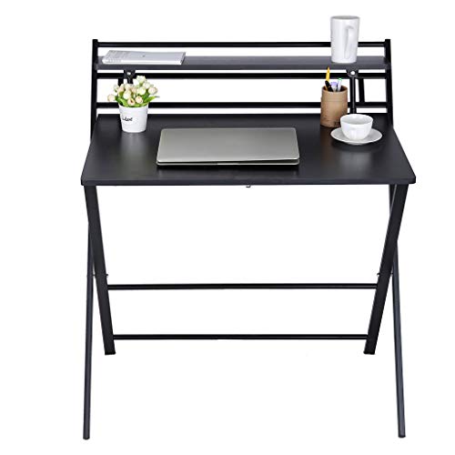 EuCoo Folding Study Desk, Folding Laptop Table Home Corner Desks Simple Computer Desk with Shelf for Small Space Home Office (Black2)