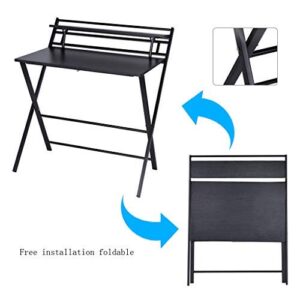 EuCoo Folding Study Desk, Folding Laptop Table Home Corner Desks Simple Computer Desk with Shelf for Small Space Home Office (Black2)