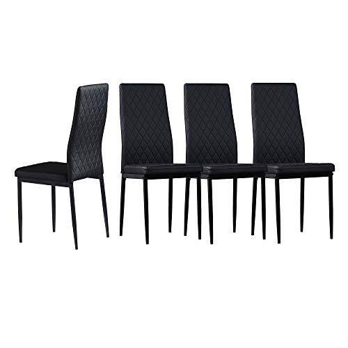 IANIYA Set of 4 Leather Dining Chairs Set, with Upholstered Cushion & High Back, Powder Coated Metal Legs, Rhombus Pattern Seats, Household Home Kitchen Living Room Bedroom (Black)