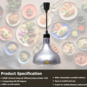 Hanging Food Heat Lamp Commercial Food Warmer Lights Telescopic Heating Lamps for Buffet Kitchen Restaurant(Dia.29cm,Adjustable Height.60-150cm) (Silver)